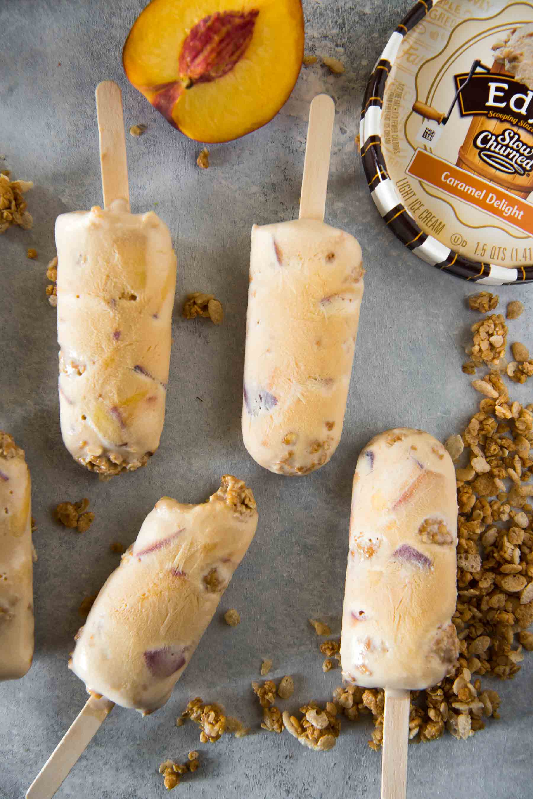 Caramel Peach Crisp Ice Cream Popsicles • The Crumby Kitchen