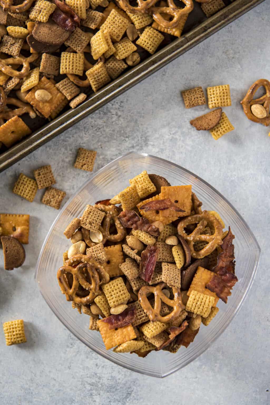 Smoky Bourbon Bacon Chex Mix Recipe • The Crumby Kitchen