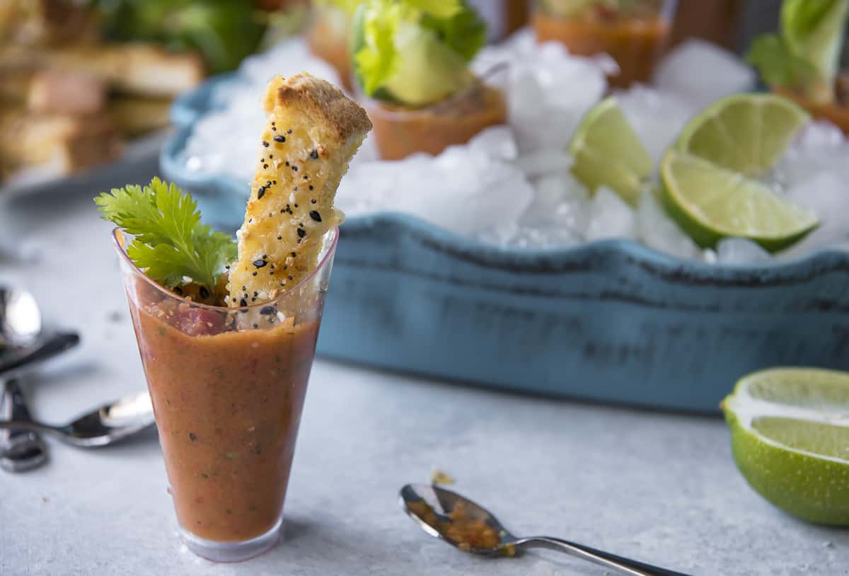 Brunch Gazpacho Shooters with Cheesy Everything Toast Dippers • The ...